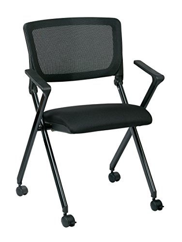 Office Star FC Series 2-Pack Folding Nesting Chairs with Breathable Mesh and Padded Fabric Seat, Icon Black with Black Frame