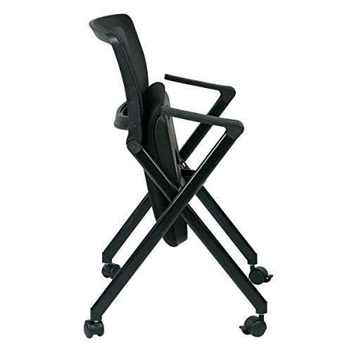 Office Star FC Series 2-Pack Folding Nesting Chairs with Breathable Mesh and Padded Fabric Seat, Icon Black with Black Frame