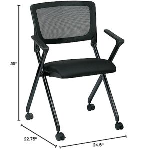 Office Star FC Series 2-Pack Folding Nesting Chairs with Breathable Mesh and Padded Fabric Seat, Icon Black with Black Frame