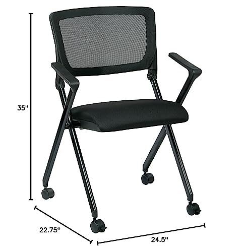 Office Star FC Series 2-Pack Folding Nesting Chairs with Breathable Mesh and Padded Fabric Seat, Icon Black with Black Frame