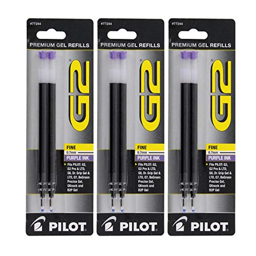 Pilot G2, Dr. Grip Gel/Ltd, ExecuGel G6, Q7 Rollerball Gel Ink Pen Refills, 0.7mm, Fine Point, Purple Ink, Pack of 6