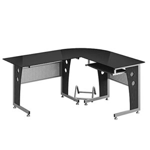 homcom l-shaped corner computer desk gaming table home office workstation glass top p2 mdf with keyboard tray - black