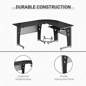 HOMCOM L-Shaped Corner Computer Desk Gaming Table Home Office Workstation Glass Top P2 MDF with Keyboard Tray - Black