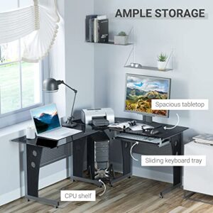 HOMCOM L-Shaped Corner Computer Desk Gaming Table Home Office Workstation Glass Top P2 MDF with Keyboard Tray - Black