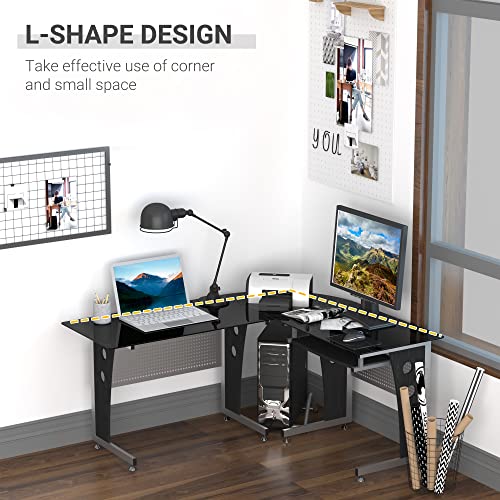 HOMCOM L-Shaped Corner Computer Desk Gaming Table Home Office Workstation Glass Top P2 MDF with Keyboard Tray - Black