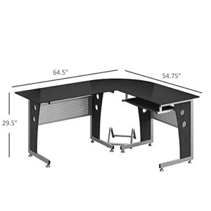 HOMCOM L-Shaped Corner Computer Desk Gaming Table Home Office Workstation Glass Top P2 MDF with Keyboard Tray - Black