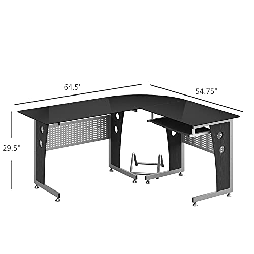 HOMCOM L-Shaped Corner Computer Desk Gaming Table Home Office Workstation Glass Top P2 MDF with Keyboard Tray - Black