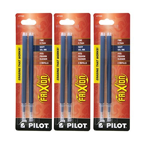 Pilot Frixion Gel Ink Pen Refills, Fine Point 0.7mm, Navy Blue Ink (3 Packs of 2 Refills each)