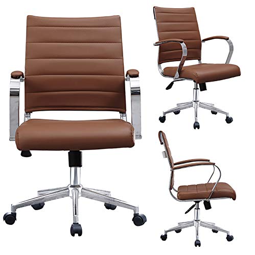 2xhome Brown Modern Mid Century Modern Contemporary Mid Back Ribbed PU Leather Swivel Tilt Adjustable Chair Executive Manager Office Conference Room Work Task Computer Ribbed Desk Chrome Wheels Arms