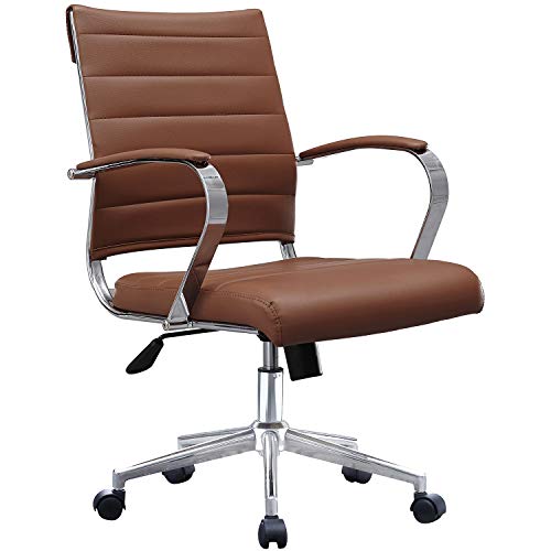 2xhome Brown Modern Mid Century Modern Contemporary Mid Back Ribbed PU Leather Swivel Tilt Adjustable Chair Executive Manager Office Conference Room Work Task Computer Ribbed Desk Chrome Wheels Arms