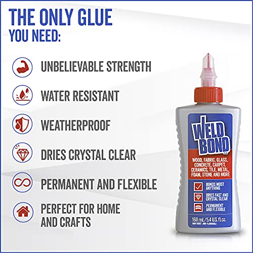 Weldbond All Purpose Glue, Bonds Most Anything! Non-Toxic Glue, Use as Wood Glue or on Glass Crafts Ceramic Mosaic Porcelain Tile Stone Fabric Carpet Metal & More. Dries Crystal Clear 5.4 oz / 160 ml