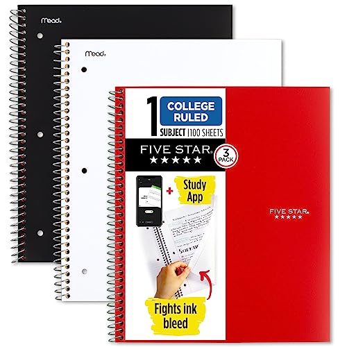 Five Star Spiral Notebooks + Study App, 3 Pack, 1 Subject, College Ruled Paper, Pockets, 100 Sheets, Home School Supplies for College Student or K-12, 11” x 8-1/2", Black, White & Red (73055)