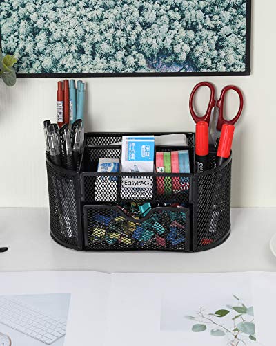 EasyPAG Desk Organizer Mesh Desktop Office Supplies Multi-functional Caddy Pen Holder Stationery with 8 Compartments and 1 Drawer,Black