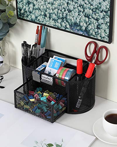 EasyPAG Desk Organizer Mesh Desktop Office Supplies Multi-functional Caddy Pen Holder Stationery with 8 Compartments and 1 Drawer,Black