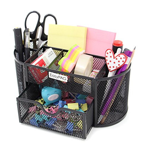 EasyPAG Desk Organizer Mesh Desktop Office Supplies Multi-functional Caddy Pen Holder Stationery with 8 Compartments and 1 Drawer,Black