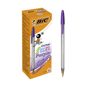 bic cristal fun, ballpoint pens, smudge-proof writing pens and wide point (1.6 mm), ideal for school, purple ink, pack of 20