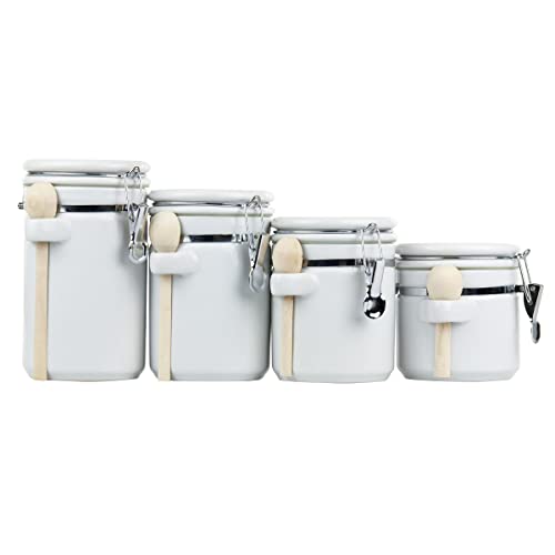 Canister Sets For The Kitchen (4 Piece Set) White, High Gloss Ceramic | By Home Basics | Decorative Kitchen Set | With Wooden Spoons, Countertop Set For Flour, Sugar, Coffee, and Snacks