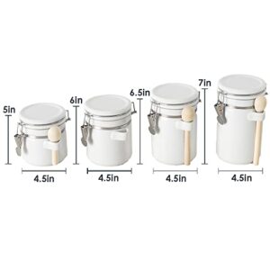 Canister Sets For The Kitchen (4 Piece Set) White, High Gloss Ceramic | By Home Basics | Decorative Kitchen Set | With Wooden Spoons, Countertop Set For Flour, Sugar, Coffee, and Snacks