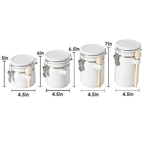 Canister Sets For The Kitchen (4 Piece Set) White, High Gloss Ceramic | By Home Basics | Decorative Kitchen Set | With Wooden Spoons, Countertop Set For Flour, Sugar, Coffee, and Snacks