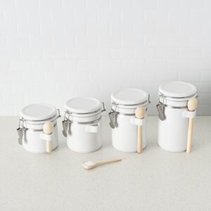 Canister Sets For The Kitchen (4 Piece Set) White, High Gloss Ceramic | By Home Basics | Decorative Kitchen Set | With Wooden Spoons, Countertop Set For Flour, Sugar, Coffee, and Snacks