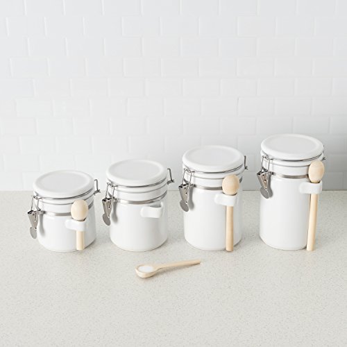 Canister Sets For The Kitchen (4 Piece Set) White, High Gloss Ceramic | By Home Basics | Decorative Kitchen Set | With Wooden Spoons, Countertop Set For Flour, Sugar, Coffee, and Snacks