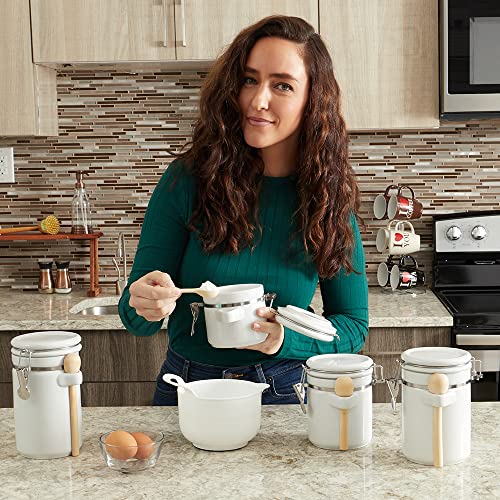 Canister Sets For The Kitchen (4 Piece Set) White, High Gloss Ceramic | By Home Basics | Decorative Kitchen Set | With Wooden Spoons, Countertop Set For Flour, Sugar, Coffee, and Snacks