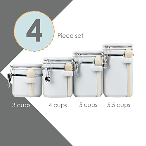 Canister Sets For The Kitchen (4 Piece Set) White, High Gloss Ceramic | By Home Basics | Decorative Kitchen Set | With Wooden Spoons, Countertop Set For Flour, Sugar, Coffee, and Snacks