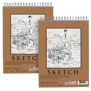 u.s. art supply 9" x 12" top spiral bound sketch book pad, pack of 2, 100 sheets each, 60lb (100gsm) - artist sketching drawing pad, acid-free - graphite colored pencils, charcoal - adults, students