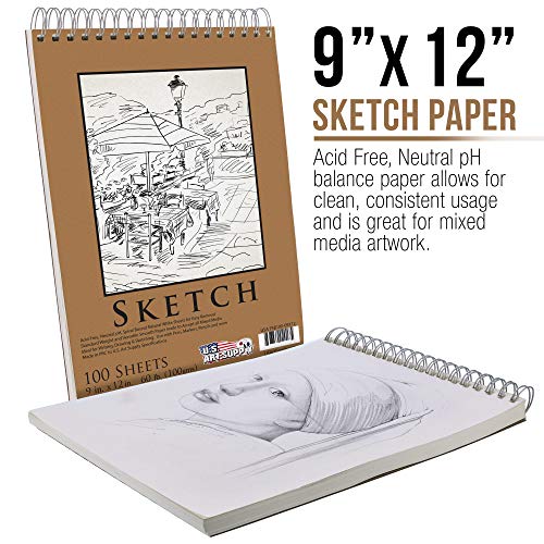 U.S. Art Supply 9" x 12" Top Spiral Bound Sketch Book Pad, Pack of 2, 100 Sheets Each, 60lb (100gsm) - Artist Sketching Drawing Pad, Acid-Free - Graphite Colored Pencils, Charcoal - Adults, Students