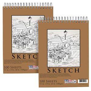 u.s. art supply 11" x 14" top spiral bound sketch book pad, pack of 2, 100 sheets each, 60lb (100gsm) - artist sketching drawing pad, acid-free - graphite colored pencils, charcoal - adults, students