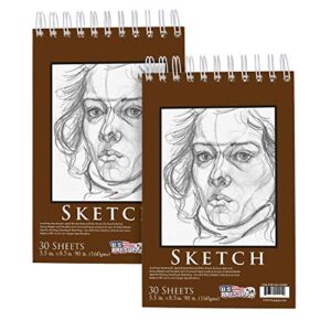 u.s. art supply 5.5" x 8.5" top spiral bound sketch book pad, pack of 2, 30 sheets each, 90lb (160gsm) - acid-free heavyweight paper, artist sketching drawing pad - pencils, charcoal - adults, student