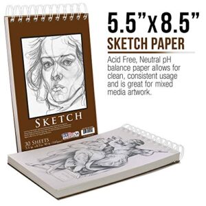 U.S. Art Supply 5.5" x 8.5" Top Spiral Bound Sketch Book Pad, Pack of 2, 30 Sheets Each, 90lb (160gsm) - Acid-Free Heavyweight Paper, Artist Sketching Drawing Pad - Pencils, Charcoal - Adults, Student