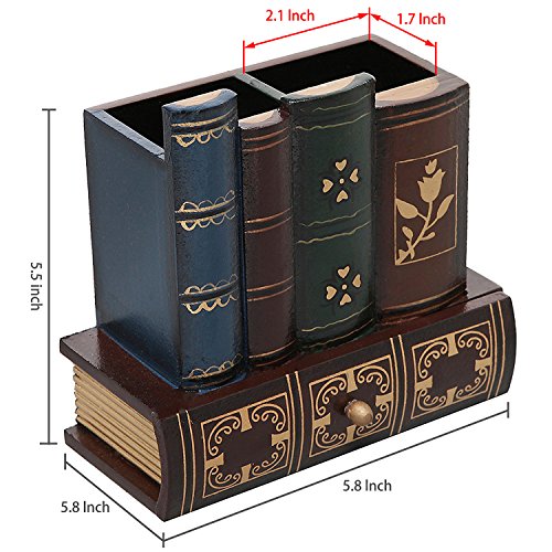 MyGift Decorative Desk Organizer Caddy, Pencil and Pen Holder with Bottom Storage Drawer and Antique Library Books Design