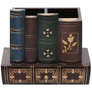 MyGift Decorative Desk Organizer Caddy, Pencil and Pen Holder with Bottom Storage Drawer and Antique Library Books Design