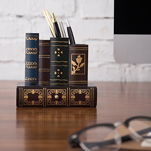 MyGift Decorative Desk Organizer Caddy, Pencil and Pen Holder with Bottom Storage Drawer and Antique Library Books Design