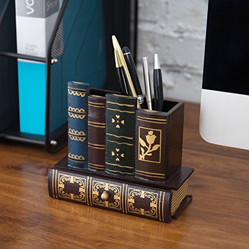 MyGift Decorative Desk Organizer Caddy, Pencil and Pen Holder with Bottom Storage Drawer and Antique Library Books Design