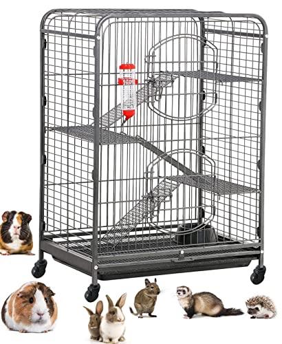 37-inch Metal Ferret Chinchilla Small Animals Hutch Rolling Cage Guinea Pig/Kitten/Rabbit Pet with 2 Front Doors for Indoor Outdoor (Black Vein, Metal Platform and Ladder)