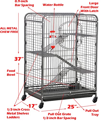 37-inch Metal Ferret Chinchilla Small Animals Hutch Rolling Cage Guinea Pig/Kitten/Rabbit Pet with 2 Front Doors for Indoor Outdoor (Black Vein, Metal Platform and Ladder)