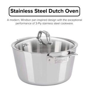 Viking Culinary Contemporary 3-Ply Stainless Steel Dutch Oven, 5.2 Quart, Includes Glass Lid, Dishwasher, Oven Safe, Works on All Cooktops including Induction