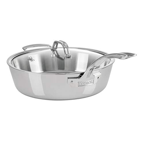 Viking Culinary Contemporary 3-Ply Stainless Steel Sauté Pan, 4.8 Quart, Includes Glass Lid, Dishwasher, Oven Safe, Works on All Cooktops including Induction