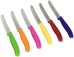 victorinox swiss stainless steel 6 piece round 4.5 inch serrated steak knife set, 4.72 x 4.72 x 4.72 inches, green, orange, pink, yellow, red, and blue