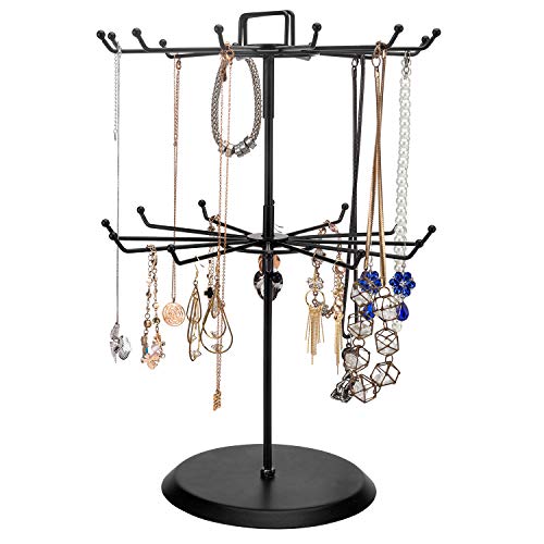 MyGift 2 Tier Black Metal Rotating Necklace and Bracelet Organizer Jewelry Stand with 24 Hooks, Multipurpose Accessory and Keychain Spinning Display Rack with Top Handle Card Holder