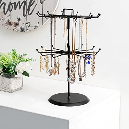 MyGift 2 Tier Black Metal Rotating Necklace and Bracelet Organizer Jewelry Stand with 24 Hooks, Multipurpose Accessory and Keychain Spinning Display Rack with Top Handle Card Holder