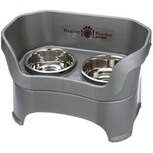 neater feeder deluxe large dog (gunmetal grey) - the mess proof elevated bowls no slip non tip double diner stainless steel food dish with stand