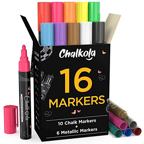 Chalkola Liquid Chalk Markers & Metallic Colors Pack of 16 Chalk Pens - For Chalkboard, Blackboards, Window, Glass, Bistro | 6mm Reversible Bullet & Chisel Tip Erasable Ink