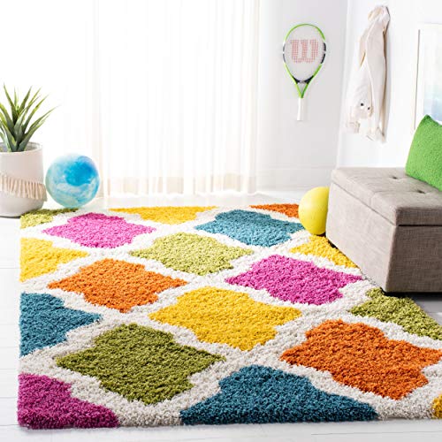 SAFAVIEH Kids Shag Collection Accent Rug - 3' x 5', Ivory & Multi, Rainbow Trellis Design, Non-Shedding & Easy Care, 2-inch Thick Ideal for High Traffic Areas in Foyer, Living Room, Bedroom (SGK562A)