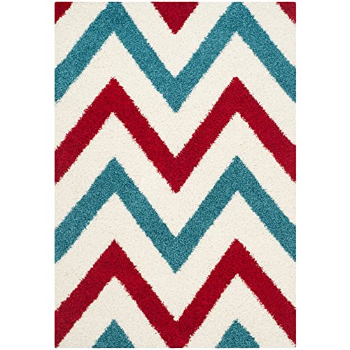 SAFAVIEH Kids Shag Collection Accent Rug - 3' x 5', Ivory & Red, Chevron Design, Non-Shedding & Easy Care, 2-inch Thick Ideal for High Traffic Areas in Entryway, Living Room, Bedroom (SGK564B)