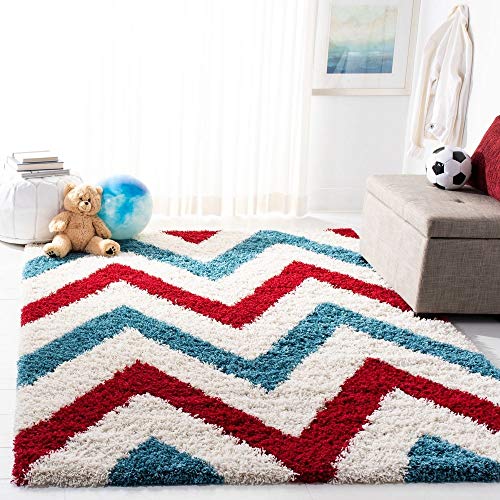 SAFAVIEH Kids Shag Collection Accent Rug - 3' x 5', Ivory & Red, Chevron Design, Non-Shedding & Easy Care, 2-inch Thick Ideal for High Traffic Areas in Entryway, Living Room, Bedroom (SGK564B)