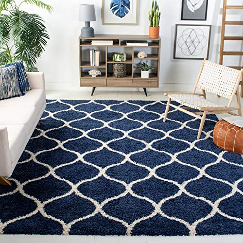 SAFAVIEH Hudson Shag Collection Area Rug - 8' x 10', Navy & Ivory, Moroccan Ogee Trellis Design, Non-Shedding & Easy Care, 2-inch Thick Ideal for High Traffic Areas in Living Room, Bedroom (SGH280C)