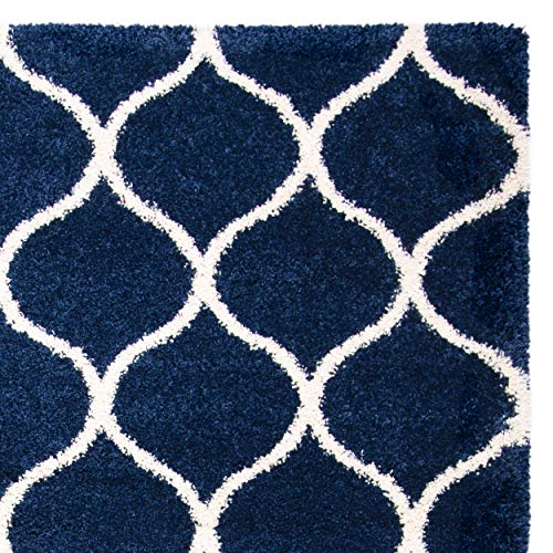 SAFAVIEH Hudson Shag Collection Area Rug - 8' x 10', Navy & Ivory, Moroccan Ogee Trellis Design, Non-Shedding & Easy Care, 2-inch Thick Ideal for High Traffic Areas in Living Room, Bedroom (SGH280C)